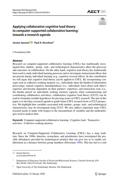 Pdf Applying Collaborative Cognitive Load Theory To Computer Supported Collaborative Learning