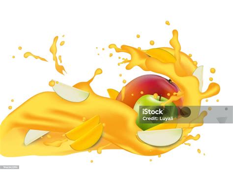 망고 복숭아 살구 넥 타 린 애플의 조각과 노란 주스 3d 그림 붓는 포장 서식 파일에 대 한 파 시작 현실적인 유기 건강 한 과일 제품입니다 벡터 Eps10입니다 0명에