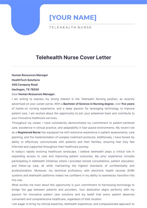 Free Telehealth Nurse Cover Letter Template To Edit Online