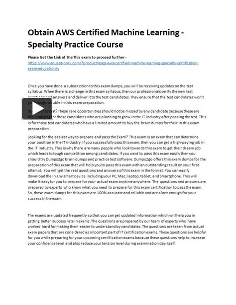 Obtain Aws Certified Machine Learning Specialty Practice Course Presentation Free To Download