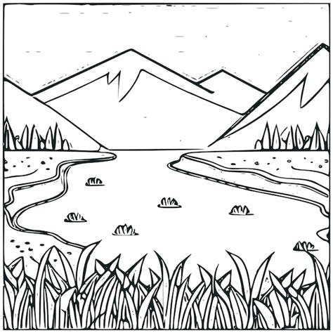 좋은 산 강과 하늘 풍경 색칠 책 벡터 일러스트 레이 션 프리미엄 벡터