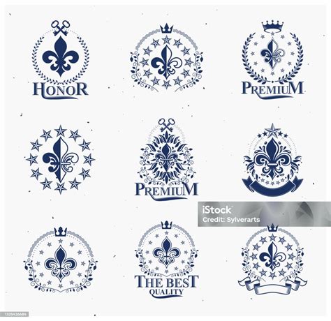 로얄 심볼 릴리 꽃 엠블럼 세트 전령 벡터 디자인 요소 컬렉션 복고풍 스타일 라벨 헤럴드 로고 문장에 대한 스톡 벡터 아트 및 기타 이미지 Istock
