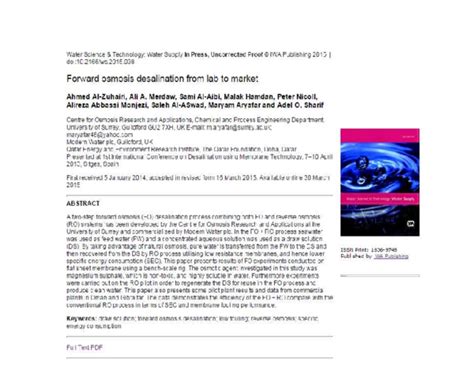 Pdf Forward Osmosis Desalination From Lab To Market