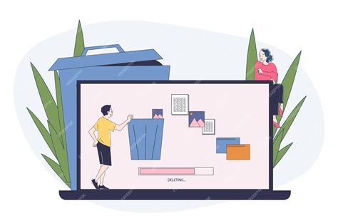 Premium Vector Laptop Trash Bin Simple Man And Woman Near Computer