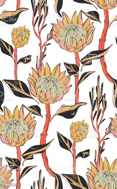 다크 프로 테아 와 잎 매끄러운 패턴 디자인 손으로 그린 꽃 스케치 식물 라인 아트 드로잉 원활한 단풍 배경 디자인 웹 사이트 커버 직물 배경 결혼식에 대한 스톡 벡터 아트