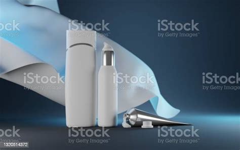 나이트 시리즈 화장품 럭셔리 제품 스킨 케어 흰색 병 샴푸 천과 어두운 파란색 배경에 펌프 패키지 오픈 캡이 있는 금속 튜브 크림 또는 치약 3d 일러스트가 있는 용기 0