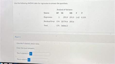 Solved Use The Following Anova Table For Regression To