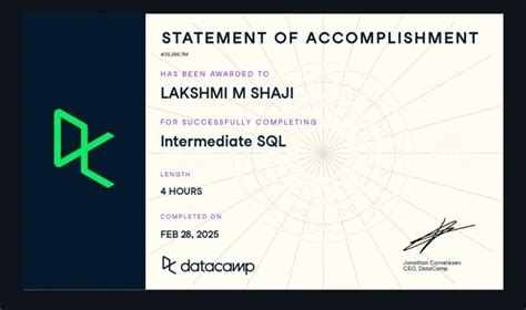 Datacamp Sql Datacamp Dataanalysis Sqlintermediate Lakshmi M Shaji