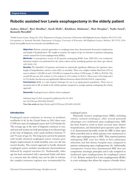Pdf Robotic Assisted Ivor Lewis Esophagectomy In The Elderly Patient