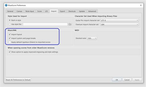 musicxml imports settings in preferences should have the same default state as in ms3 · issue