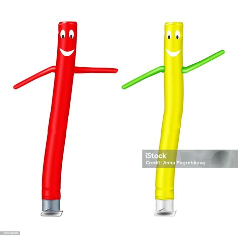 하얀 배경에 고립된 다채로운 풍선 춤을 추는 튜브 남자 컬러 광고 웃는 공기 댄서 사실적인 벡터 그림입니다 다시 칠하기 쉬움