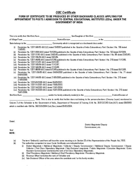 Obc Ncl Format Iit Pdf Government Of India Government