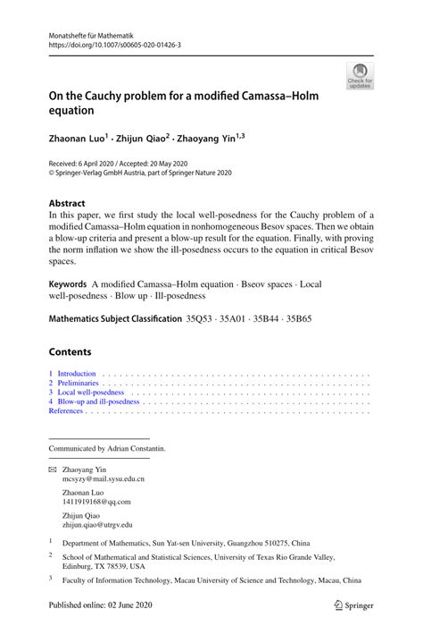 Pdf On The Cauchy Problem For A Modified Camassa Holm Equation