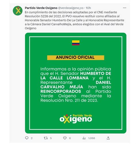 Verde Oxígeno de Ingrid Betancourt reintegró a Humberto de la Calle y Daniel Carvalho al