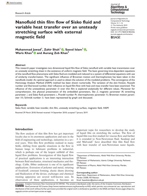 Pdf Nanofluid Thin Film Flow Of Sisko Fluid And Variable Heat