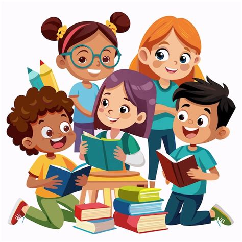 함께 책을 읽는 행복한 아이들의 다양한 그룹 프리미엄 Ai 생성 벡터