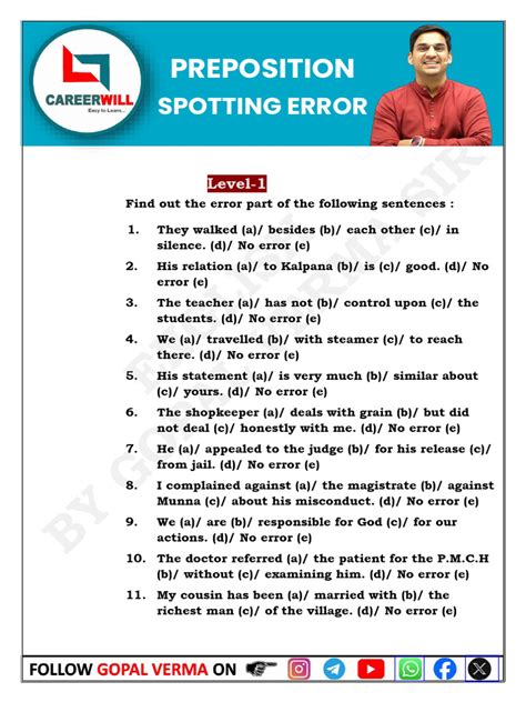 Preposition Error Practice Sheet Pdf