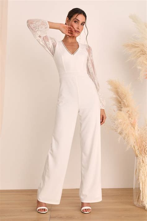 Bridal Jumpsuit White Lace Jumpsuit Lone Sleeve Jumpsuit Lulus