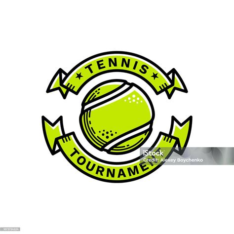 테니스 대회 엠 블 럼 일러스트 레이 션 현대 선 스타일 흰색 바탕에 녹색 색상 테니스 공 두 녹색 리본으로 위에서 아래에서 프레임입니다 Championship에 대한 스톡