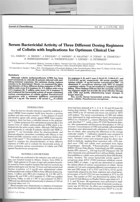 Pdf Serum Bactericidal Activity Of Three Different Dosing Regimens Of Colistin With