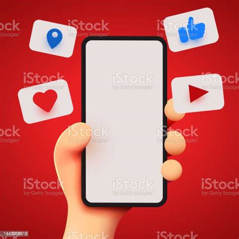 소셜 미디어 아이콘이 있는 모바일 스마트폰을 들고 있는 귀여운 만화 손 마케팅 개념입니다 3차원 형태에 대한 스톡 벡터 아트 및