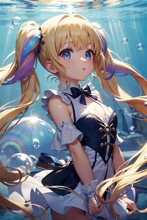 드레스를 입은 긴 금발 머리와 파란 눈을 가진 애니메이션 소녀 Seaart Ai