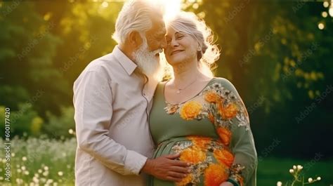 Happy Smiling Pregnant Old Couple Hugging In Green Park Geriatric