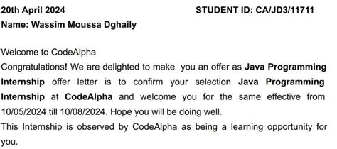 Wassim Dghaily On Linkedin Internship Javaprogramming Codealpha