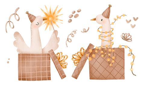 선물 상자에 있는 오리 가벼운 반짝임이 있는 거위 가벼운 화환 손으로 그린 깜짝 생일 카드 생일 포스터 축일 축하 행사 0명에 대한 스톡 벡터 아트 및 기타 이미지 Istock