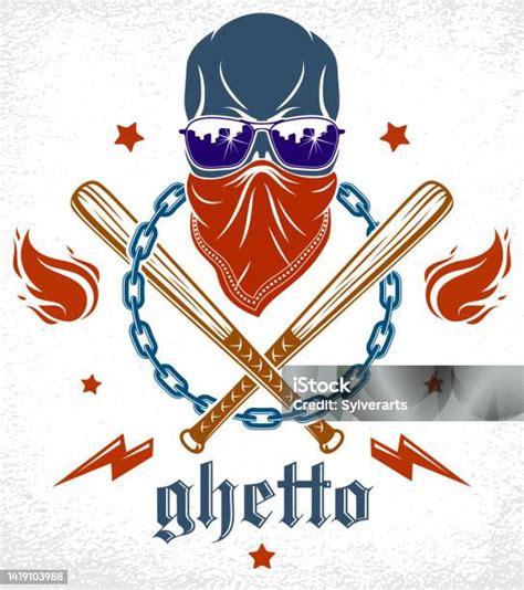 공격적인 두개골 야구 방망이와 다른 무기와 디자인 요소 벡터 무정부 범죄 테러 복고풍 스타일 게토 혁명과 갱 잔인한 범죄 엠블럼 또는 로고 갱스터 랩에 대한 스톡 벡터 아트