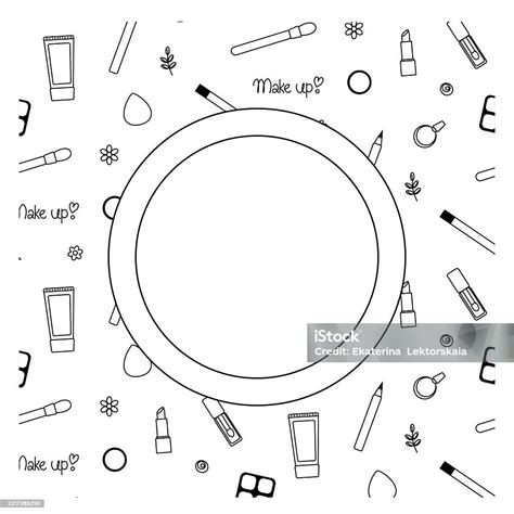 화장품 향수 립스틱 및 기타 원형 라운드 프레임 템플릿 벡터 그래픽 라인 그림 흑인과 백인 화장품 메이크업 예술 포스터 초대장 소셜 미디어 파티 또는 판매용 0명에 대한