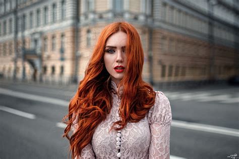 Women Model Redhead Long Hair Women Outdoors Looking At Viewer