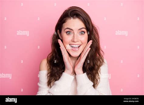 Photo Of Impressed Cheerful Lady Arms On Cheeks Open Mouth Look Camera