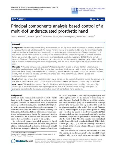 Pdf Principal Components Analysis Based Control Of A Multi Dof Underactuated Prosthetic Hand