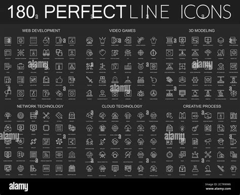 180 Modern Thin Line Icons Set On Dark Black Background Web Development Video Games 3d