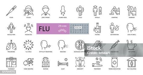 편집 가능한 스트로크가 있는 벡터 독감 아이콘 세트입니다 증상 치료 및 감기 예방 바이러스 발열 재채기 콧마 귀리 피로 두통 근육통 폐렴 구토 기침 인후통 아이콘에 대한
