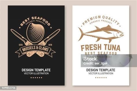 신선한 해산물 복고풍 포스터 참치 홍합 조개가 있는 배너 벡터 그림입니다 해산물 엠블럼 간판 패치 셔츠 메뉴 레스토랑 수산 시장