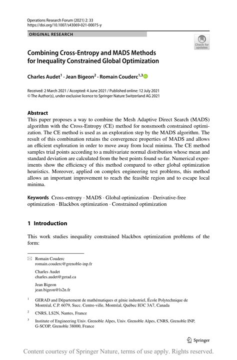 Combining Cross Entropy And Mads Methods For Inequality Constrained Global Optimization