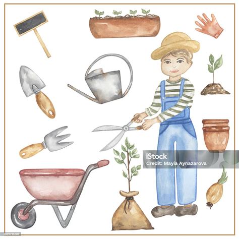 수채화 정원사 클립 아트 손으로 그린 그림 정원사 남자 일 아이 학교 카드 클립 아트 교육 직업과 귀여운 어린이 그래픽 일러스트레이션에 대한 스톡 벡터 아트 및 기타 이미지