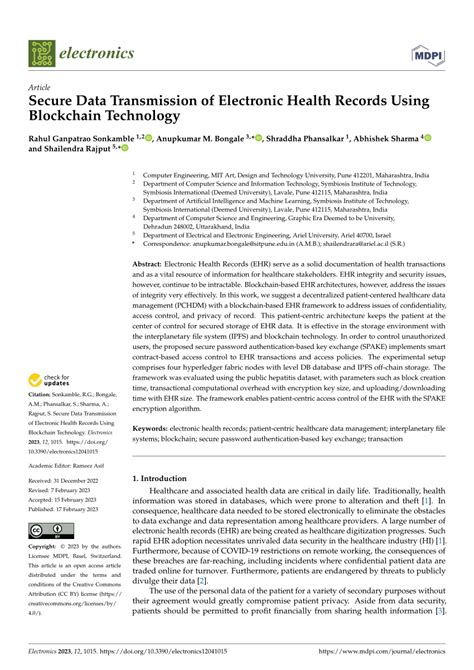 Pdf Secure Data Transmission Of Electronic Health Records Using Blockchain Technology