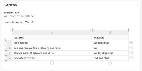advanced custom fields table field at wp plugin