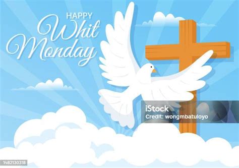 오순절 월요일 벡터 일러스트 레이 션은 평평한 만화 손으로 그린 템플릿에 성령의 기독교 공동체 휴일에 대 한 비둘기 또는 비둘기 6월에 대한 스톡 벡터 아트 및 기타 이미지