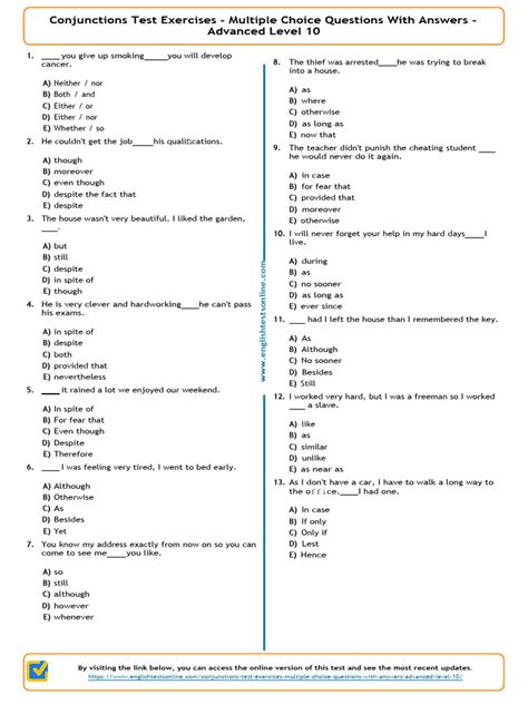 Multiple Choice Test About Conjunctions Download Free Pdf Multiple Choice