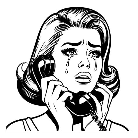 Vintage Retro Pop Art Woman Crying On The Phone Line Art Comic Black