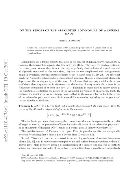 Pdf On The Zeroes Of The Alexander Polynomial Of A Lorenz Knot