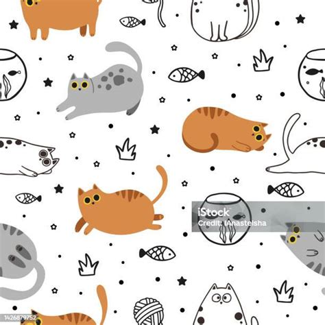 귀여운 만화 고양이와 원활한 패턴 직물 섬유 벡터 일러스트 레이 션에 적합 0명에 대한 스톡 벡터 아트 및 기타 이미지 0명 가축 개 Istock