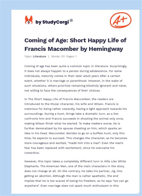 Coming Of Age Short Happy Life Of Francis Macomber By Hemingway Free