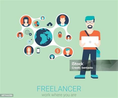 프리랜서 작업 플랫 웹 인포 그래픽 개념 벡터 노트북 및 연결 된 콘텐츠 프로필 젊은 세련 된 프리랜서 남자 글로벌 통신 개념