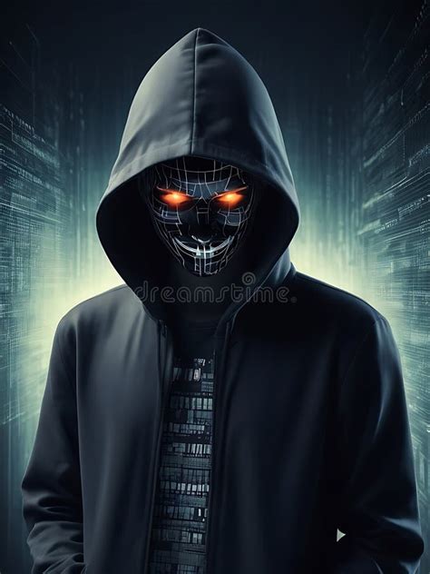 Hacker Wearing The Anonymous Mask And Hoodie On Dark Binary Code