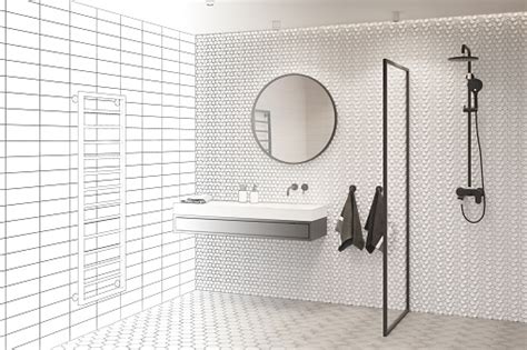 스케치는 검은 색과 흰색 세면대 위에 둥근 거울이있는 밝은 욕실이되고 두 개의 테리 수건 유리 파티션 샤워 시설 검은 색 가열 된 수건 레일이 있습니다 화장실 건축물에 대한